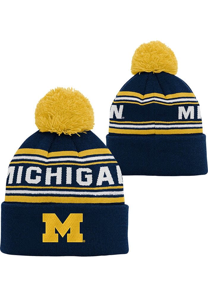 Jacquard Cuffed Pom Beanie Michigan Wolverines Youth Knit Hat NAVY