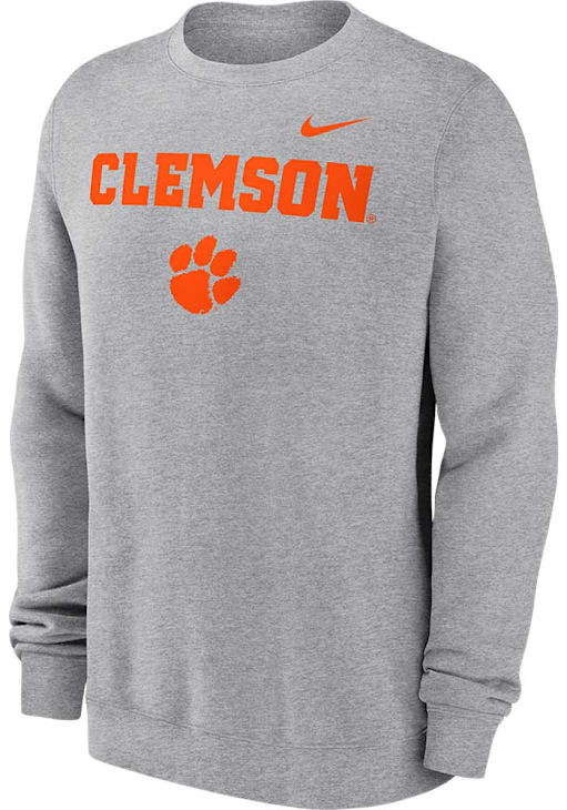 Nike Clemson Tigers Mens HEATHER GREY Club Fleece Primary Stack Crew ...