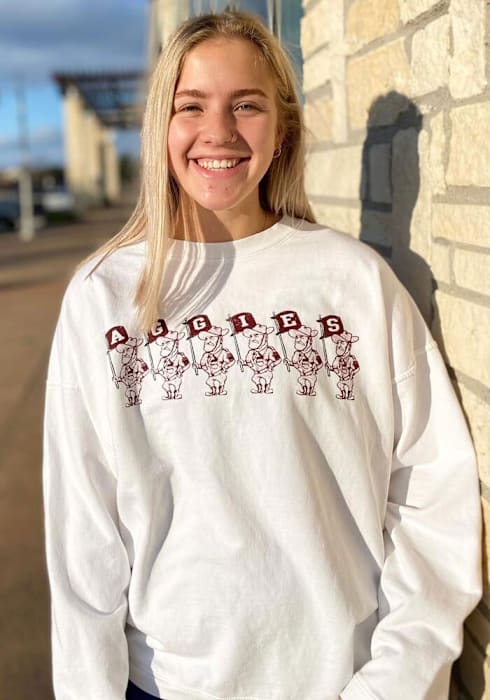 Texas A&M Aggies Womens White Flag Squad Long Sleeve Crew Sweatshirt
