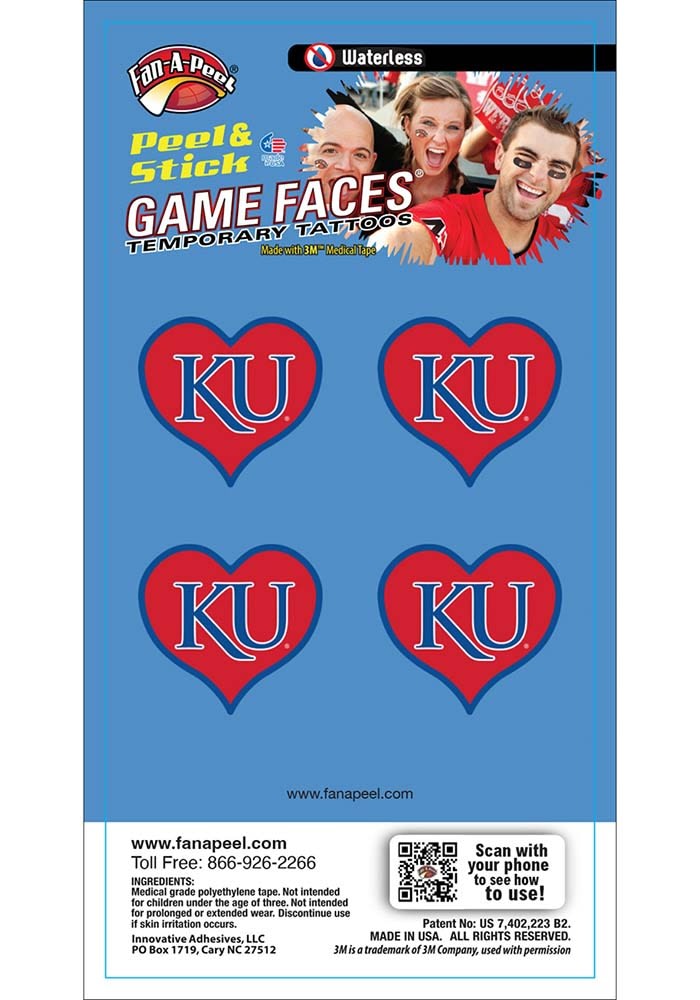 Kansas Jayhawks ROYAL 4pk Heart Tattoo - 1214838