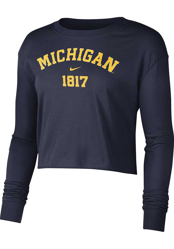Nike Michigan Wolverines Womens BLUE Crop Long Sleeve LS Tee - 12557172