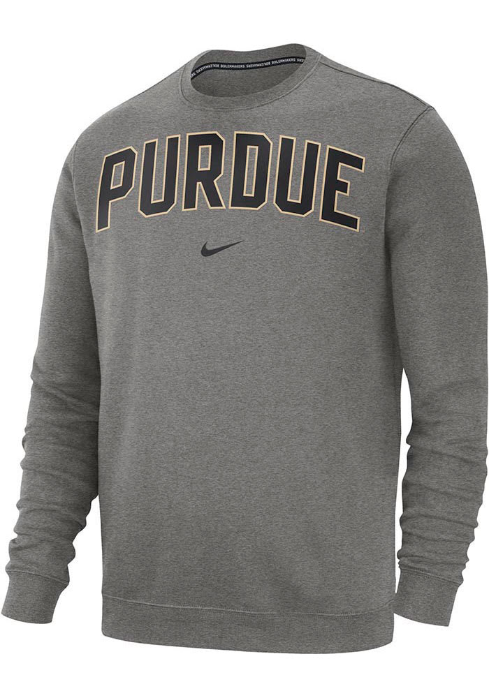 Nike Purdue Boilermakers Mens Club Fleece Arch Name Crew Sweatshirt - GREY