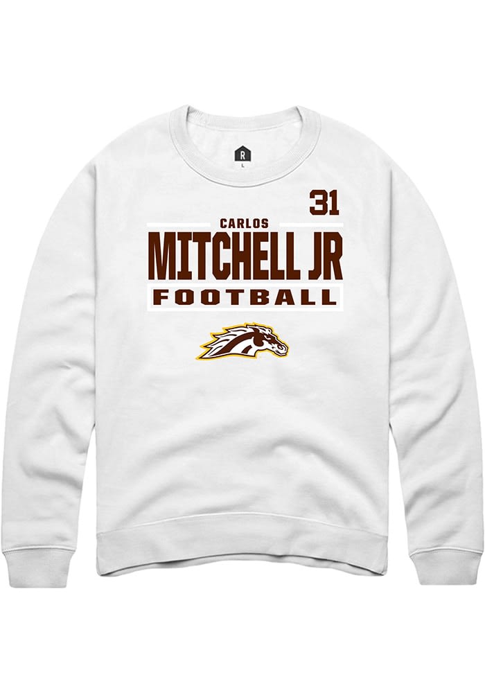 Carlos Mitchell Jr Western Michigan Broncos Mens White Football NIL Stacked Box Player Crew ...