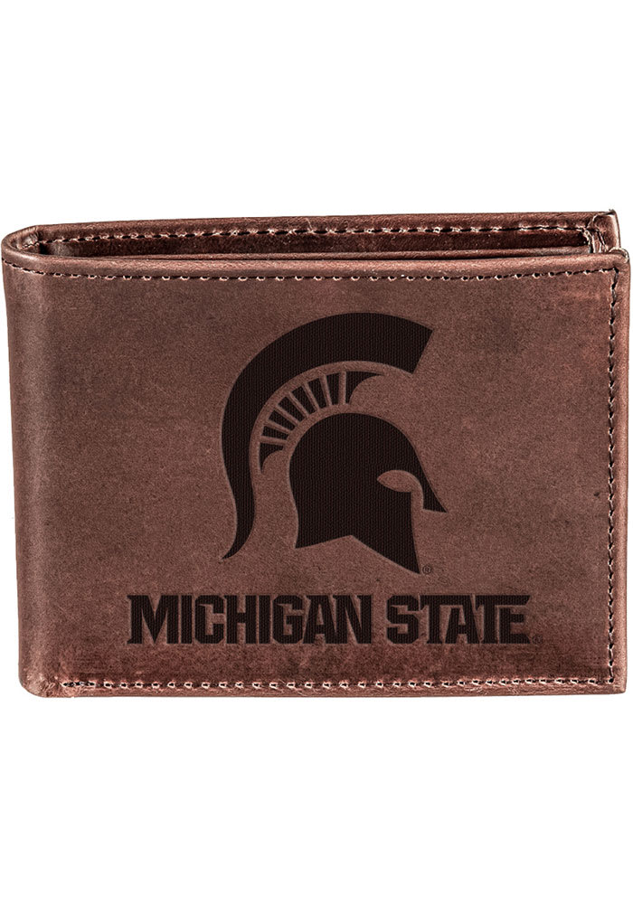BROWN Leather Vintage Michigan State Spartans Mens Bifold Wallet - 1414700