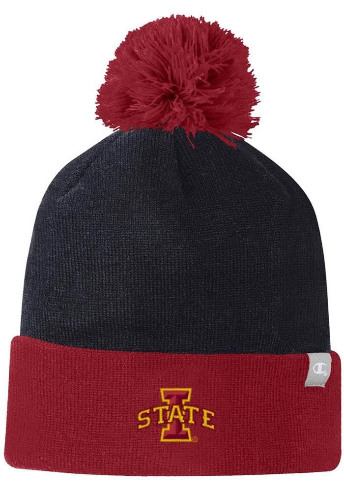 Iowa State Cyclones Champion BLACK Two Color Cuffed Beanie Pom Knit Hat ...