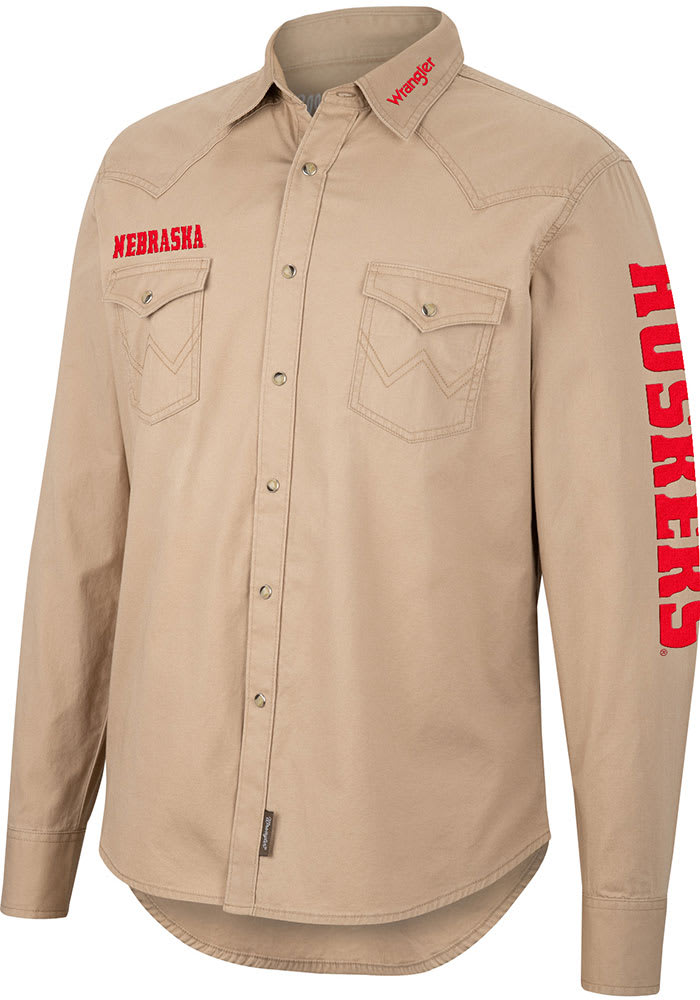 Nebraska Cornhuskers Mens Wrangler TAN Western Snap Long Sleeve Dress ...