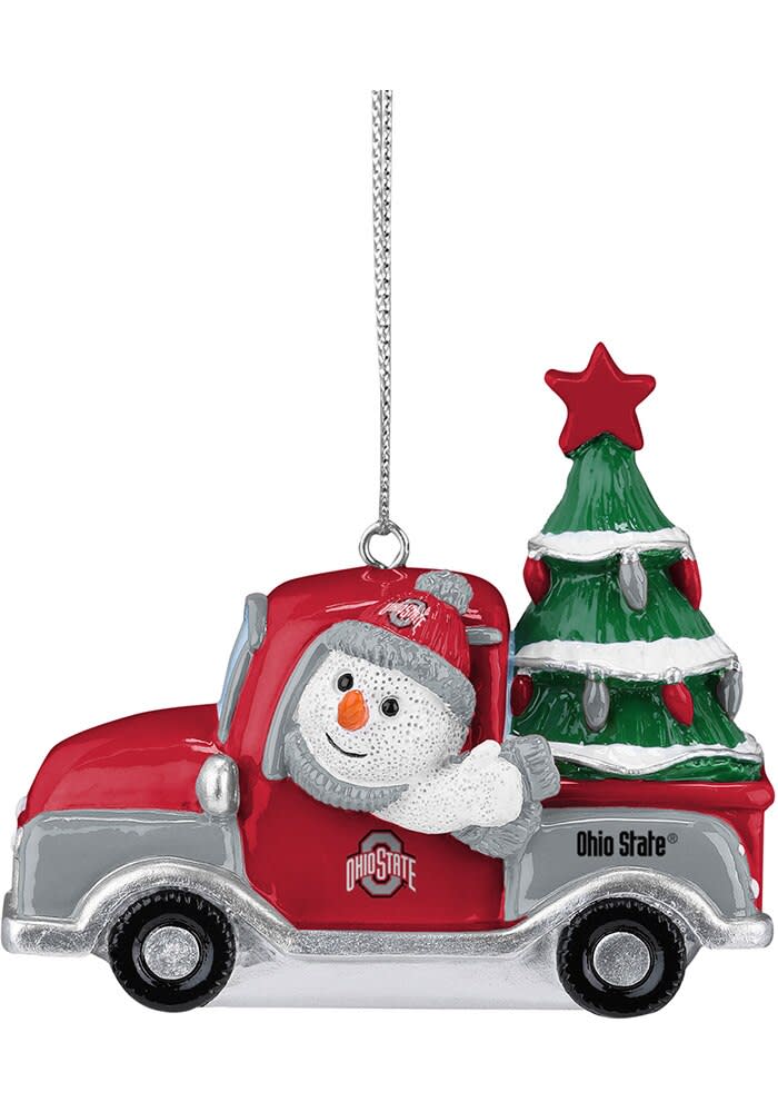 Ohio State Buckeyes White Snowman Riding Truck Ornament - 16054528