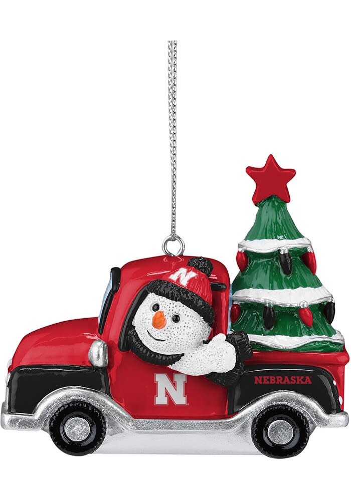 Nebraska Cornhuskers White Snowman Riding Truck Ornament - 16054556