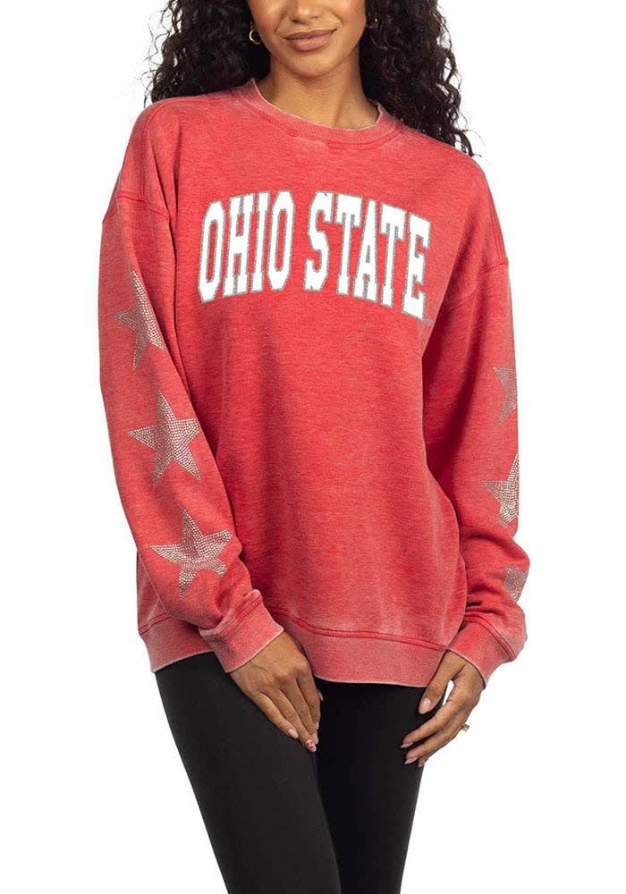 Womens Red Ohio State Buckeyes Rhinestone Stars Campus Long Sleeve Crew ...