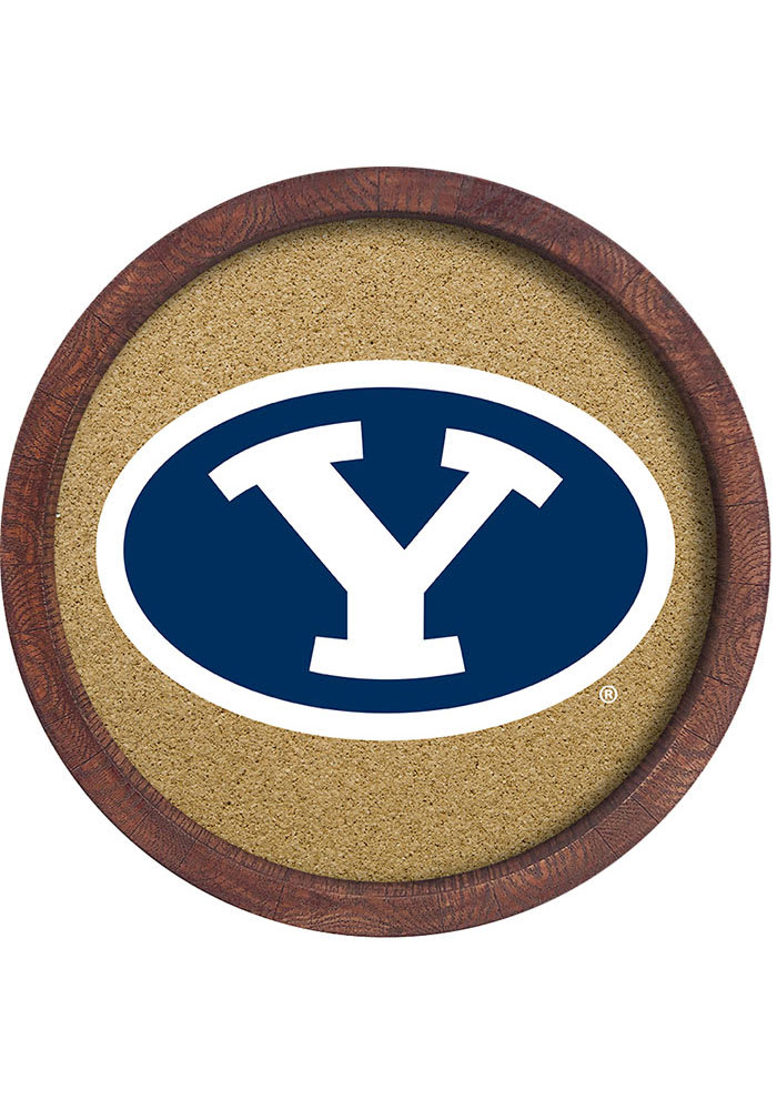 The Fan-Brand BYU Cougars BLUE Faux Barrel Framed Cork Board Sign - 2214017