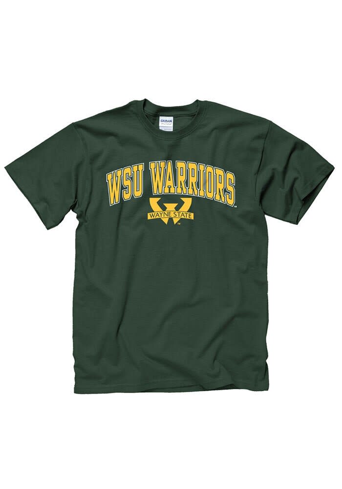 Wayne State Warriors GREEN Arch Mascot Short Sleeve T Shirt - 22782591