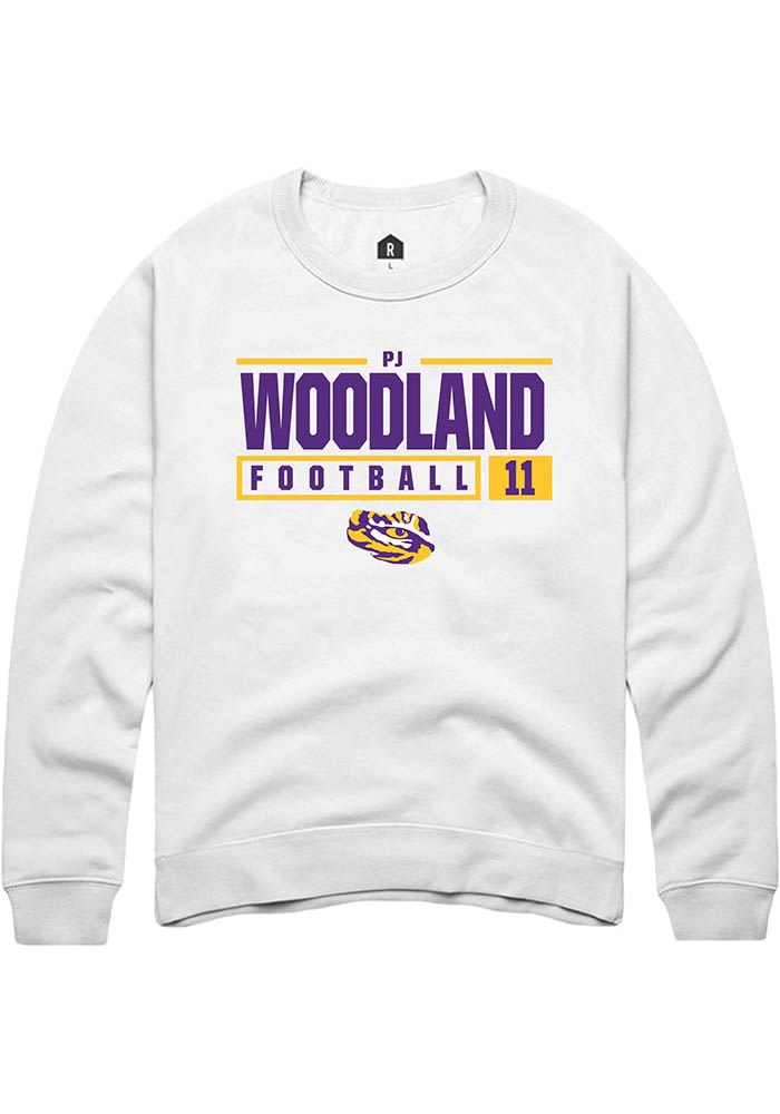 PJ Woodland LSU Tigers Mens White NIL Stacked Box Crew Sweatshirt ...