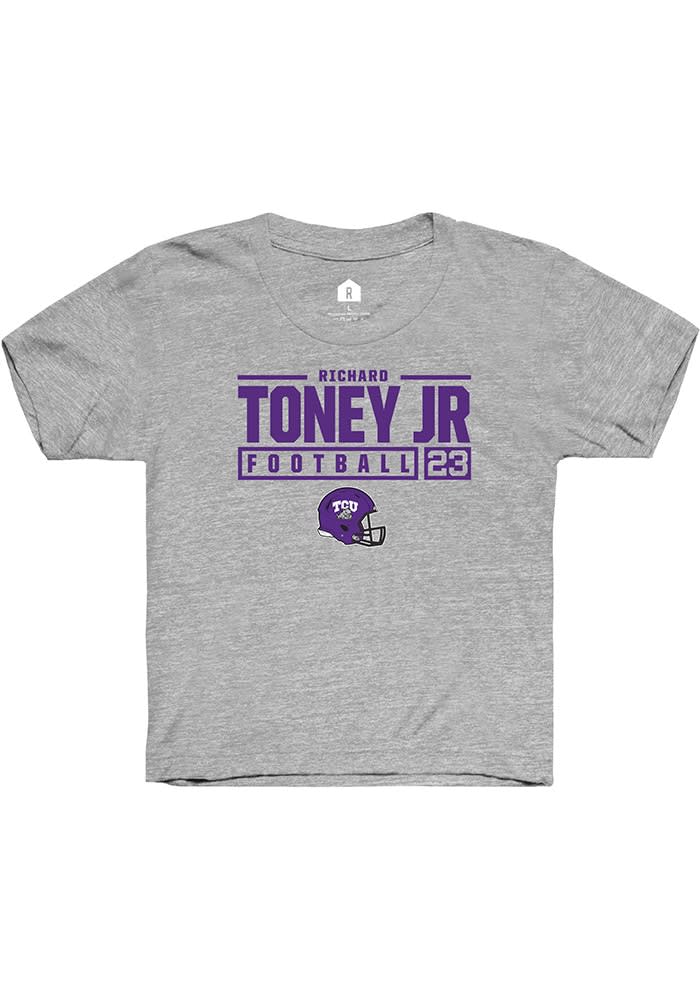 TCU Horned Frogs Richard Toney jr Youth NIL Stacked Box SPORTGREY Short Sleeve T-Shirt - 2476090692