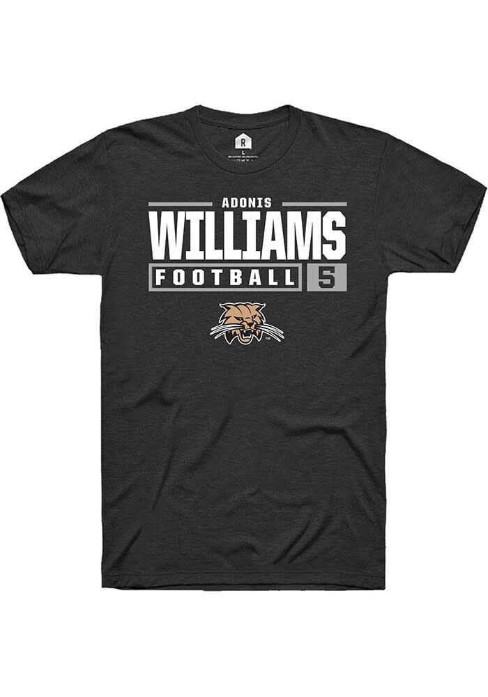Adonis Williams Ohio Bobcats Rally BLACK Football NIL Stacked Box Short Sleeve T Shirt - 2476117151