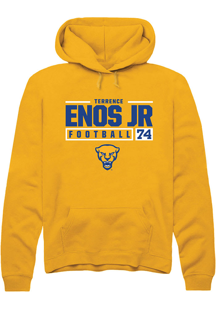 Terrence Enos Jr Mens GOLD Pitt Panthers NIL Stacked Box Hoodie - 247671126