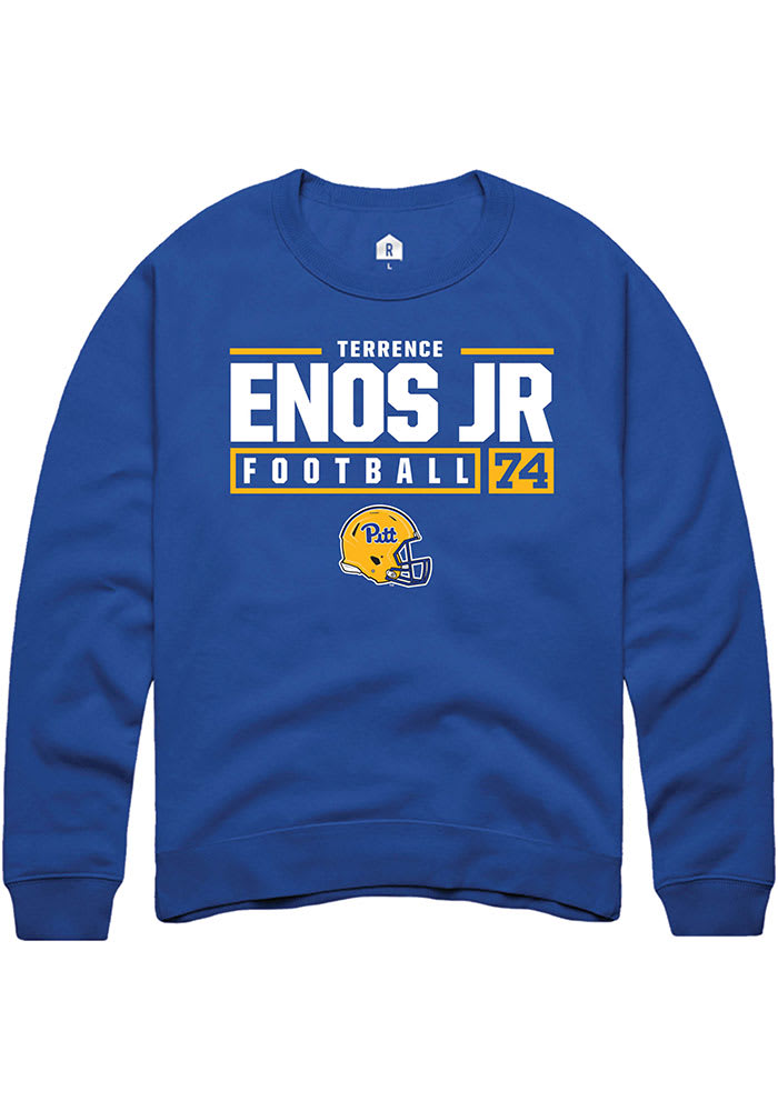 Terrence Enos Jr Mens ROYAL Pitt Panthers NIL Stacked Box Long Sleeve Crew Sweatshirt