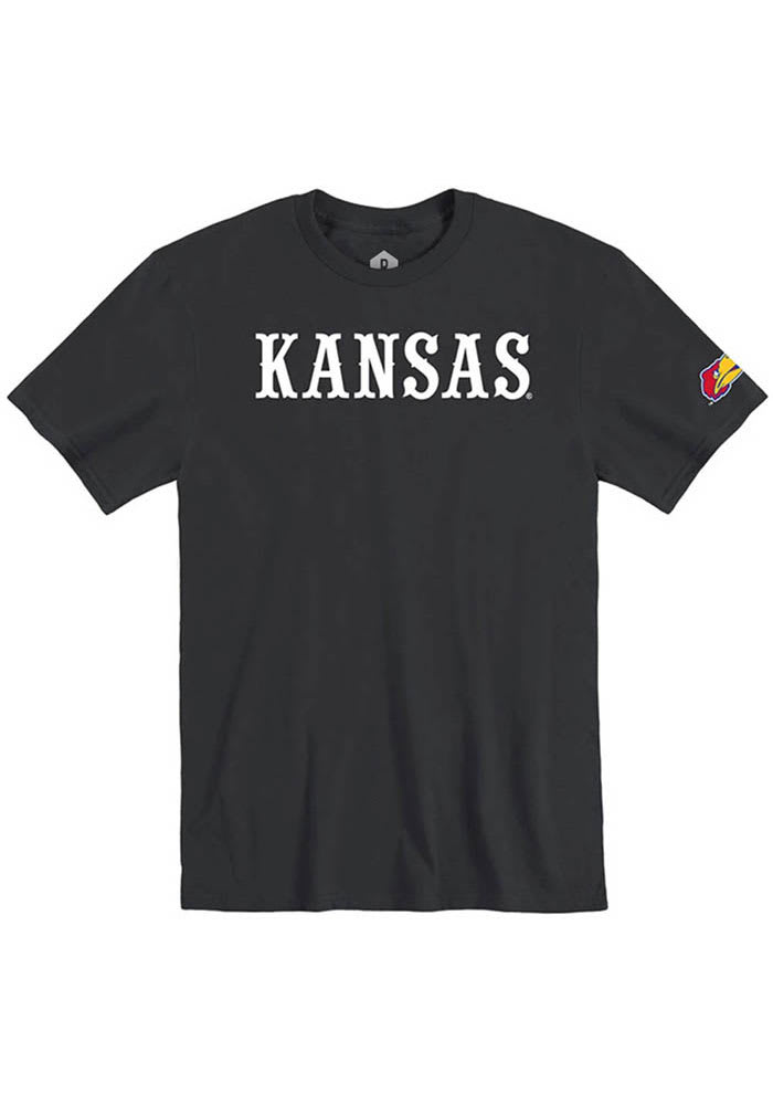 Rally Kansas Jayhawks BLACK Wordmark Warhawk Sleeve Hit Short Sleeve T ...