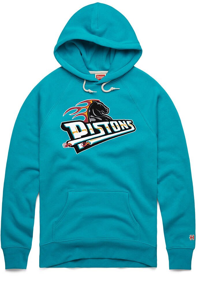 Homage Detroit Pistons Mens TEAL Retro Logo Long Sleeve Fashion Hood ...