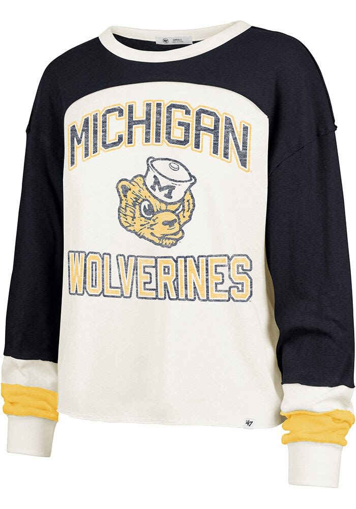 47 Michigan Wolverines Womens WHITE/NAVY Curve Toni Long Sleeve LS Tee ...