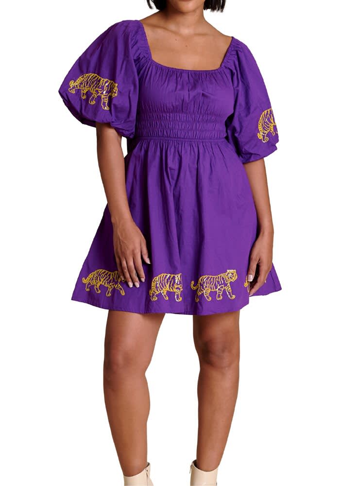 LSU Tigers Womens PURPLE Puff Sleeve Sequin Dress - 54200107