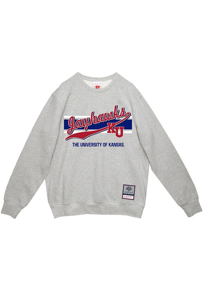 Mitchell and Ness Kansas Jayhawks Mens GREY Collegiate Script Crew ...