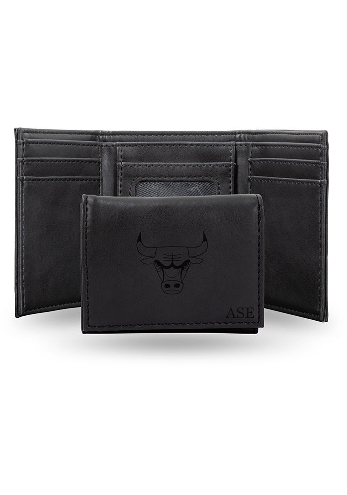Chicago Bulls Logo Personalized Laser Engraved Mens Trifold Wallet - BLACK