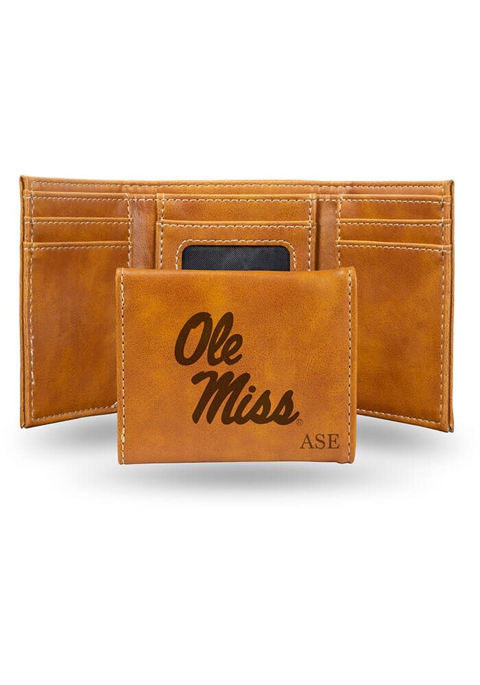 Ole Miss Rebels Personalized Laser Engraved Mens Trifold Wallet - Brown