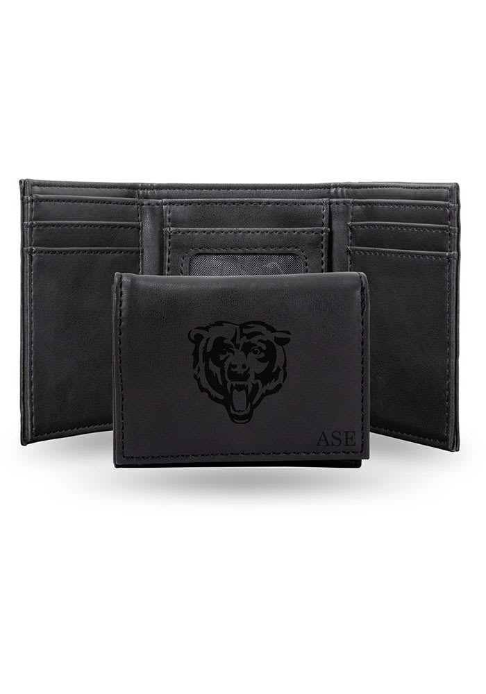 Chicago Bears Logo Personalized Laser Engraved Mens Trifold Wallet - BLACK