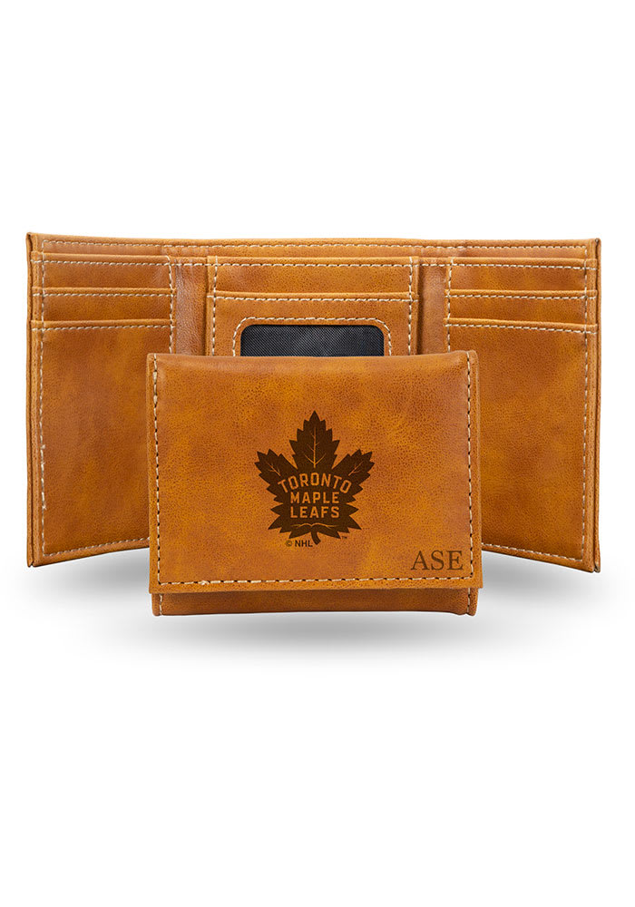Toronto Maple Leafs Personalized Laser Engraved Mens Trifold Wallet - Brown