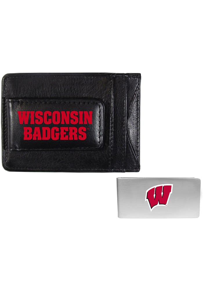 BLACK Leather w Money Clip Wisconsin Badgers Mens Bifold Wallet - 74752560
