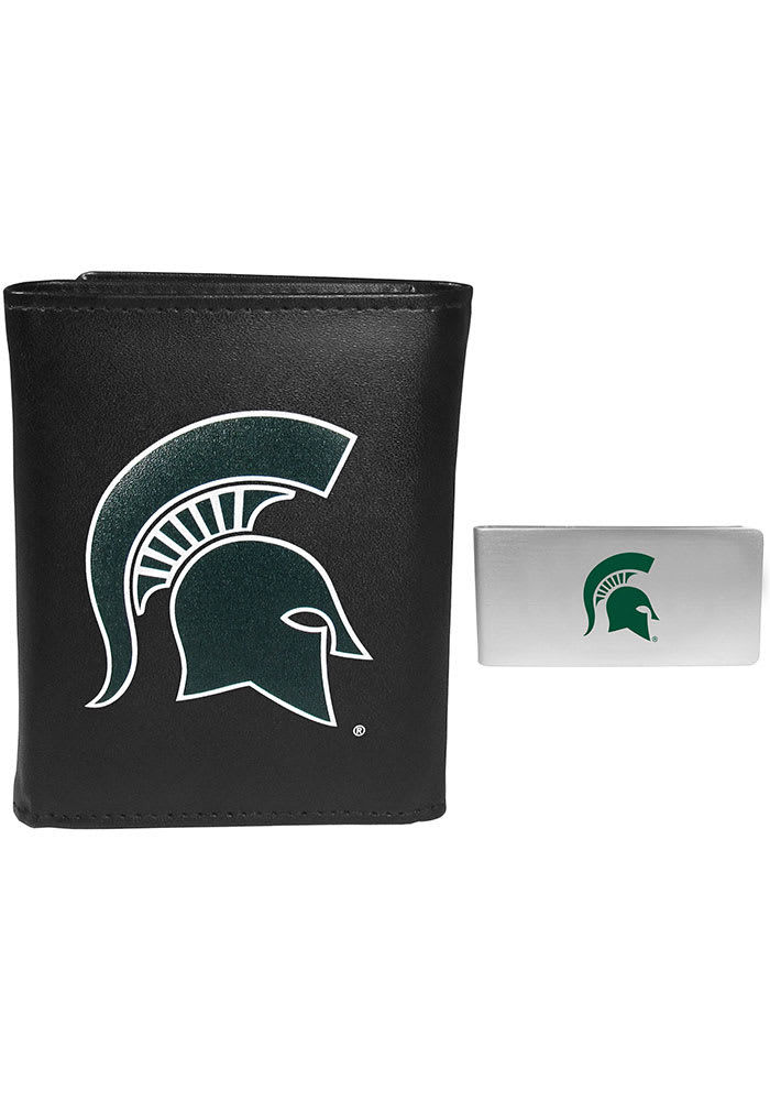 Michigan State Spartans BLACK Leather w Money Clip Mens Trifold Wallet ...