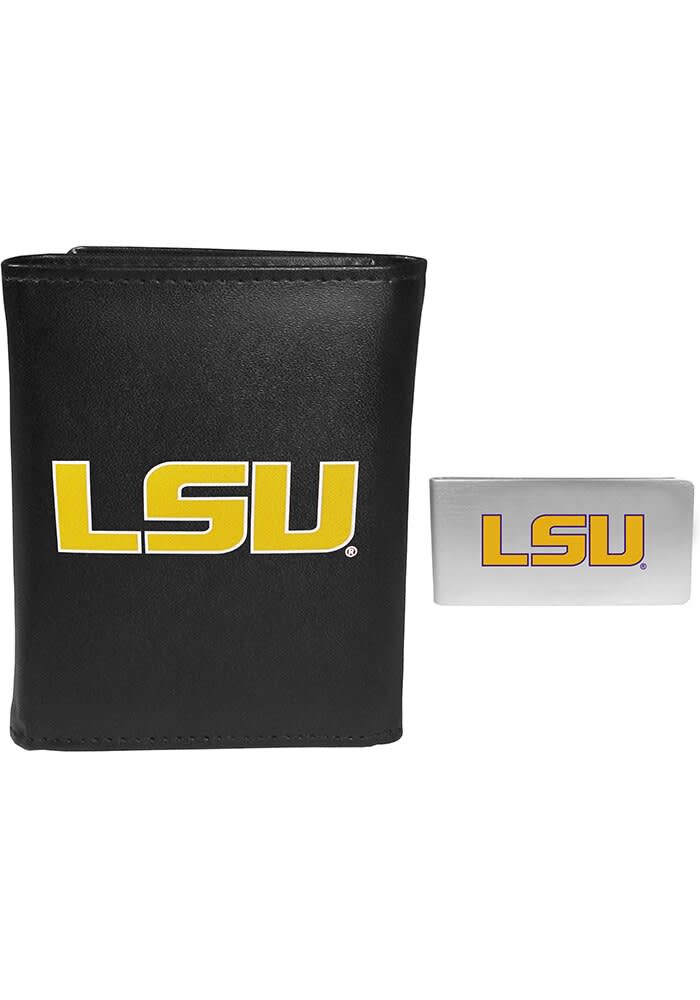 LSU Tigers BLACK Leather w Money Clip Mens Trifold Wallet - 74752665
