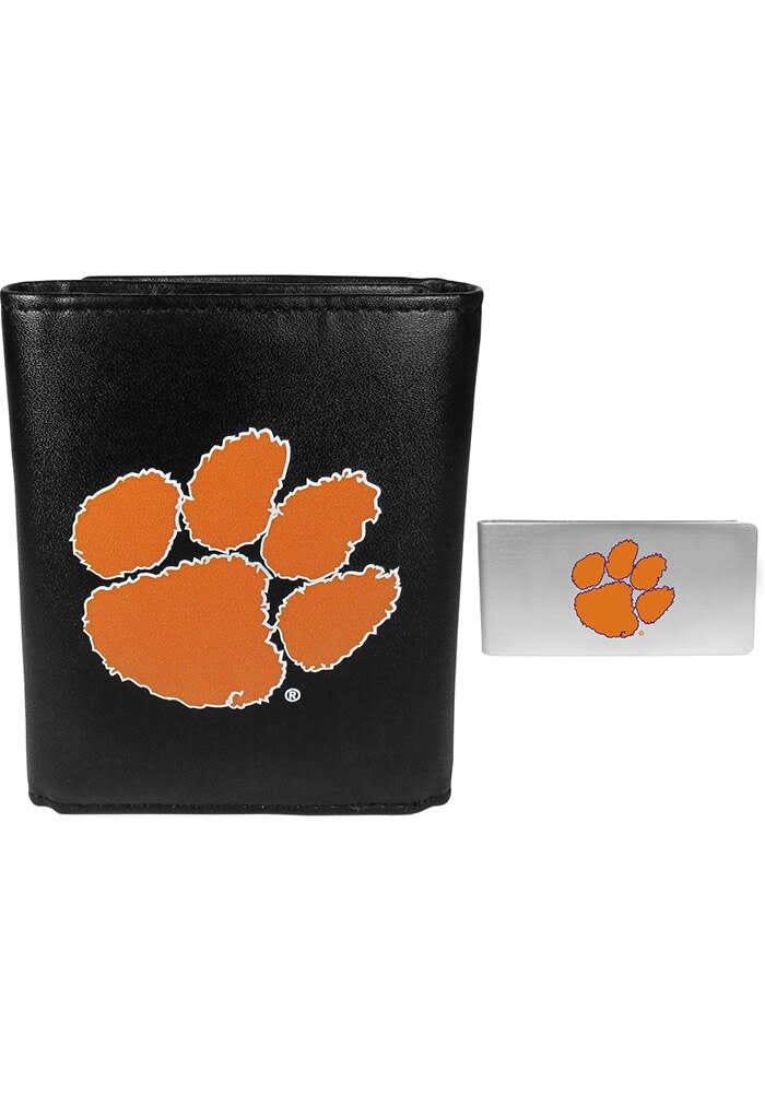 Clemson Tigers BLACK Leather w Money Clip Mens Trifold Wallet - 74752669