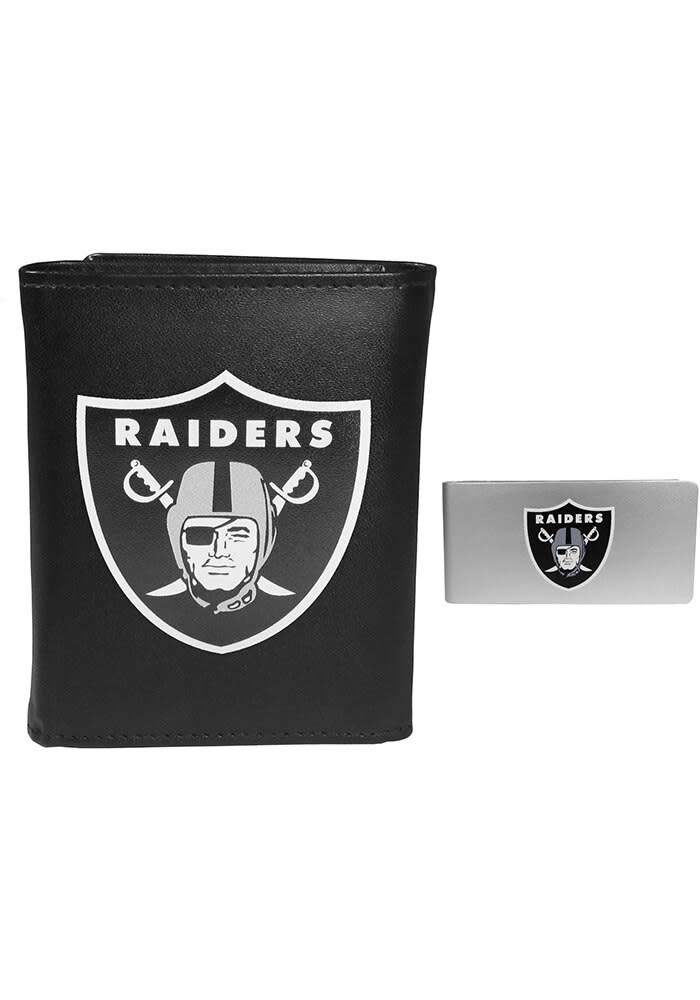 Las Vegas Raiders BLACK Leather w Money Clip Mens Trifold Wallet - 74752691