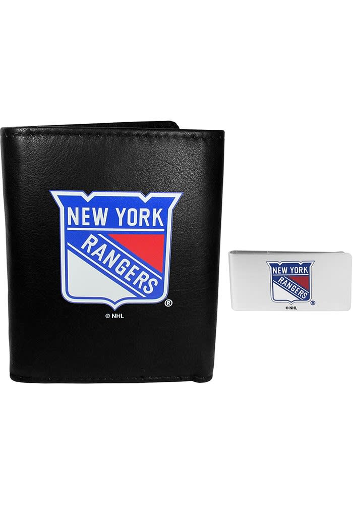 New York Rangers BLACK Leather w Money Clip Mens Trifold Wallet - 74752704