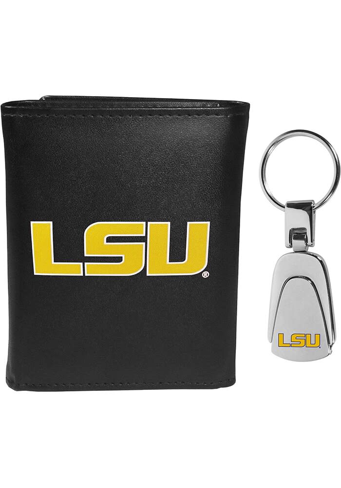 LSU Tigers BLACK Leather W Key Chain Mens Trifold Wallet - 74752717