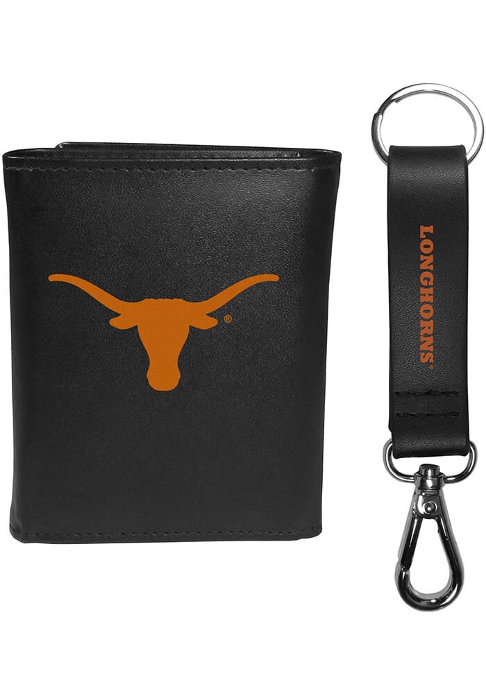 Texas Longhorns BLACK Leather w Leather Key Chain Mens Trifold Wallet ...