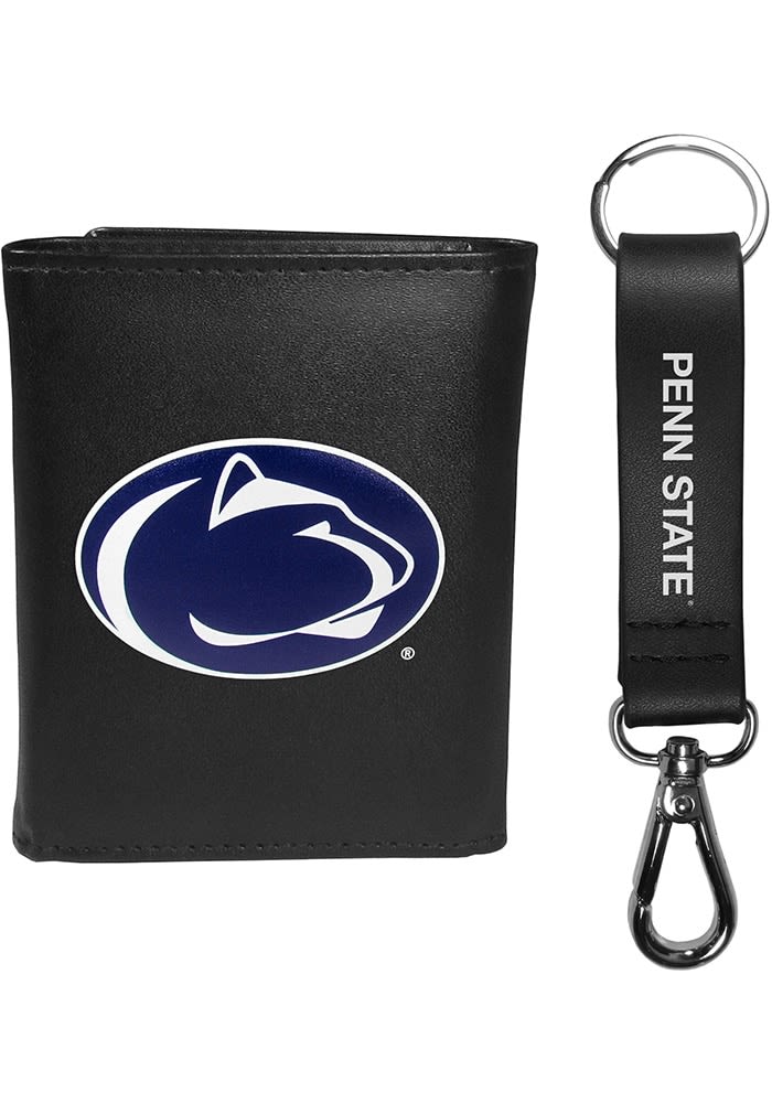 Penn State Nittany Lions BLACK Leather w Leather Key Chain Mens Trifold ...