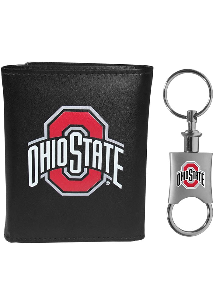Ohio State Buckeyes BLACK Leather w Valet Key Chain Mens Trifold Wallet ...