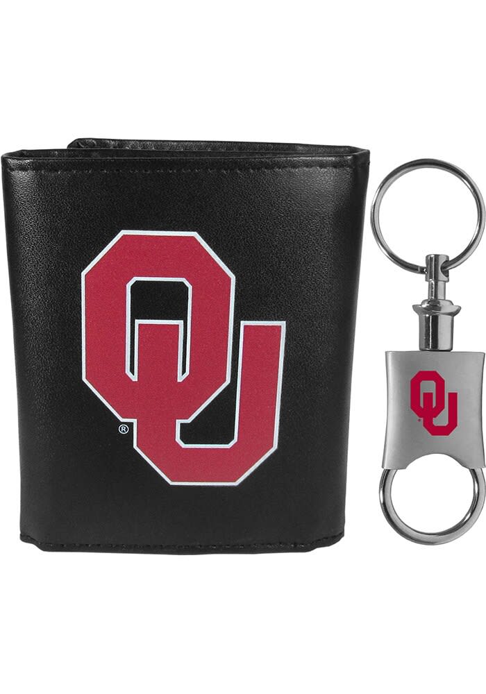 Oklahoma Sooners BLACK Leather w Valet Key Chain Mens Trifold Wallet ...
