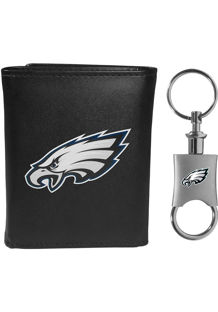 Philadelphia Eagles BLACK Leather w Valet Key Chain Mens Trifold Wallet ...