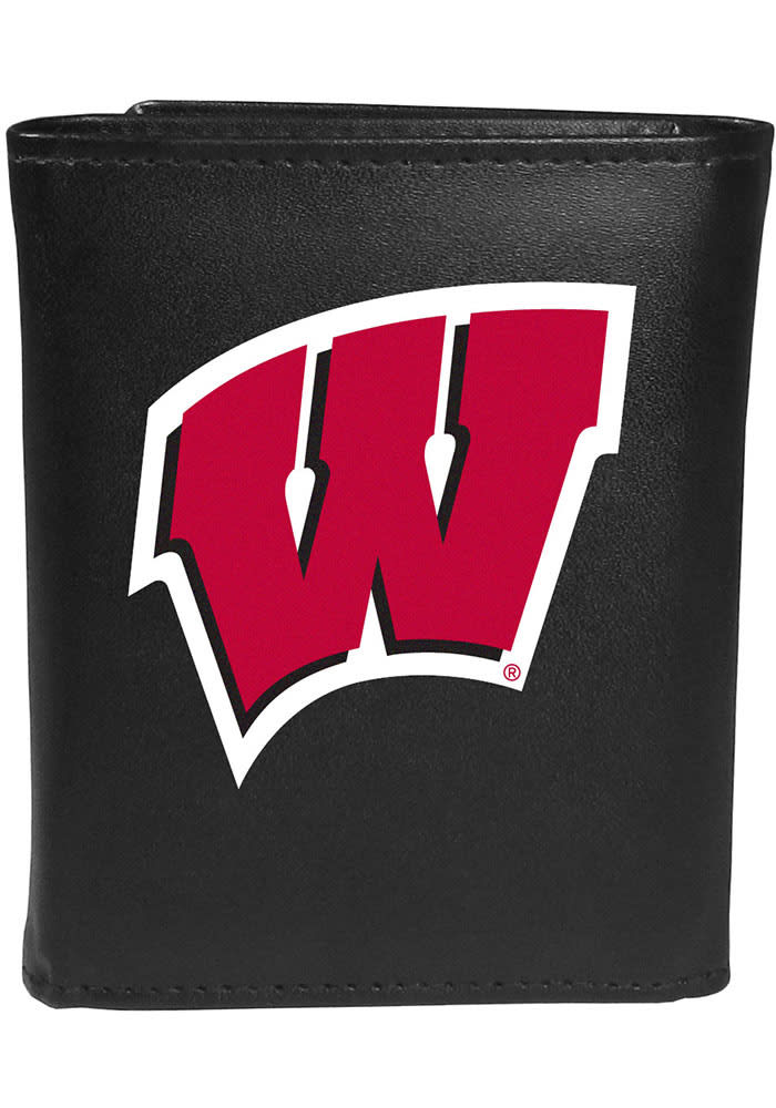 BLACK Leather Wisconsin Badgers Mens Trifold Wallet - 74752884