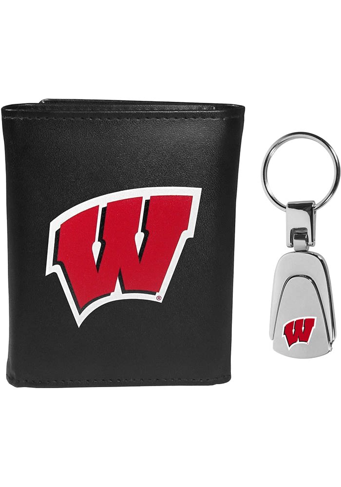 Wisconsin Badgers BLACK Key Chain Mens Trifold Wallet - 74753639