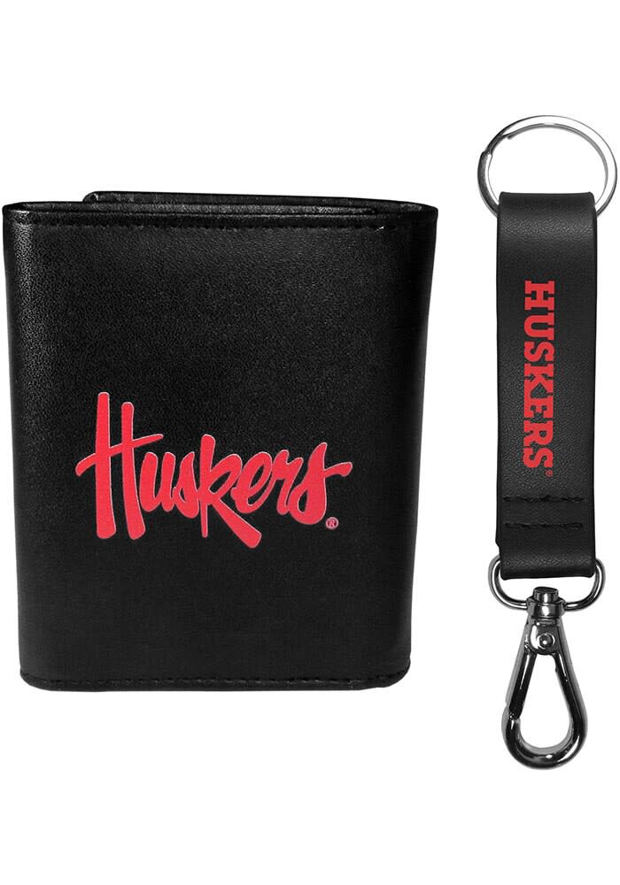 BLACK Leather Key Chain Nebraska Cornhuskers Mens Trifold Wallet - 74753702
