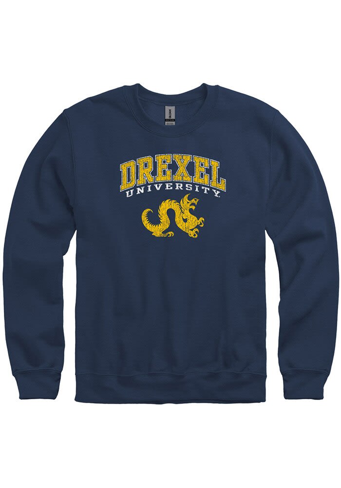 Mens NAVY Drexel Dragons Arch Mascot Long Sleeve Crew Sweatshirt - 88170066