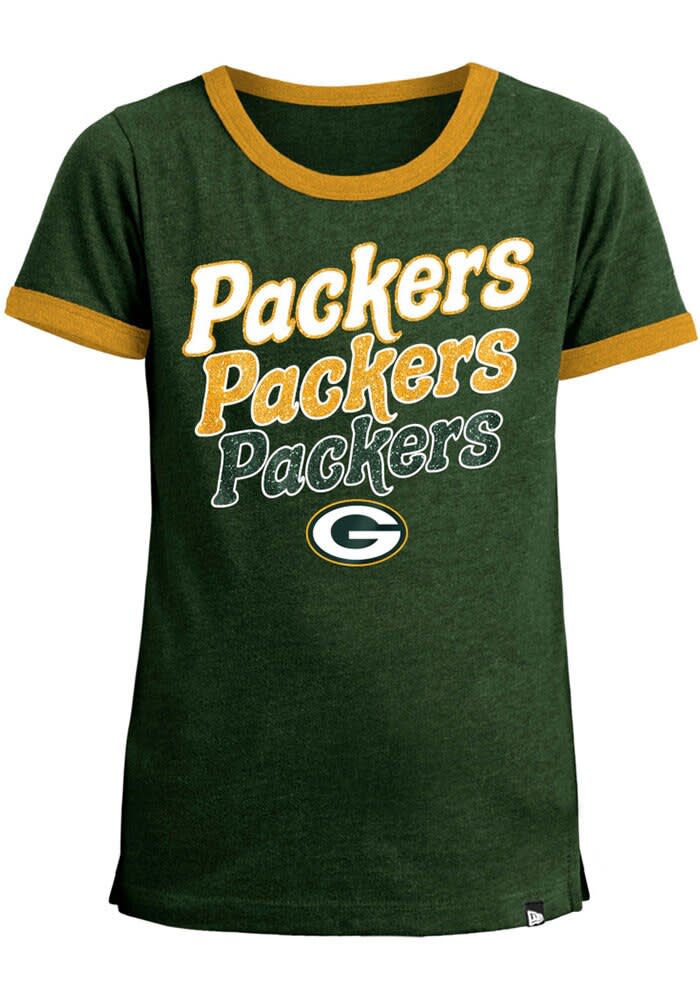 New Era Green Bay Packers Girls GREEN Glitter Ringer Short Sleeve ...