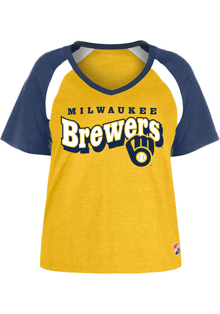 New Era Milwaukee Brewers Womens GOLD Raglan V Neck T-Shirt - 88887926
