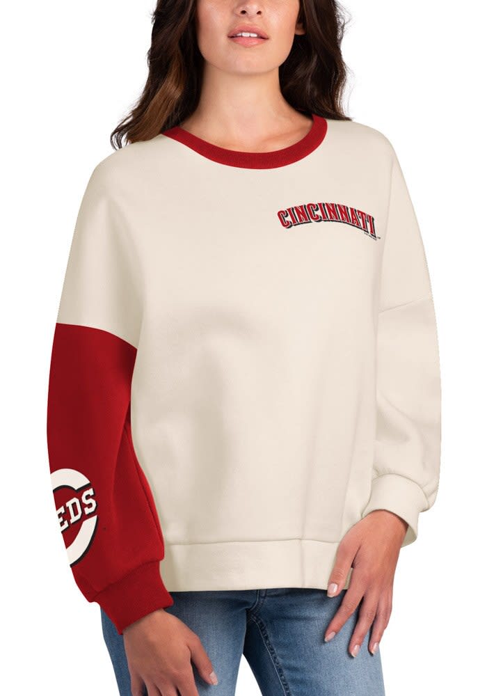 Cincinnati Reds Womens WHITE Interception Long Sleeve Crew Sweatshirt